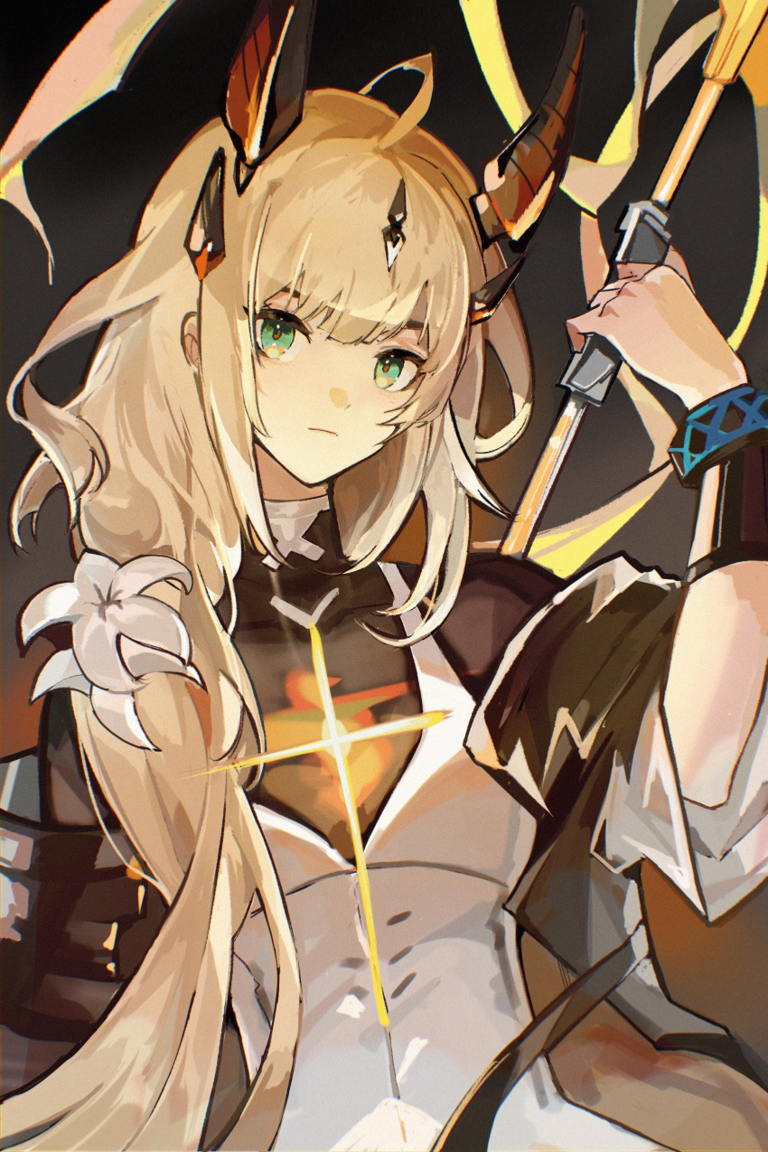 Safebooru - 1girl absurdres arknights black shirt blonde hair brown horns chinese commentary ...