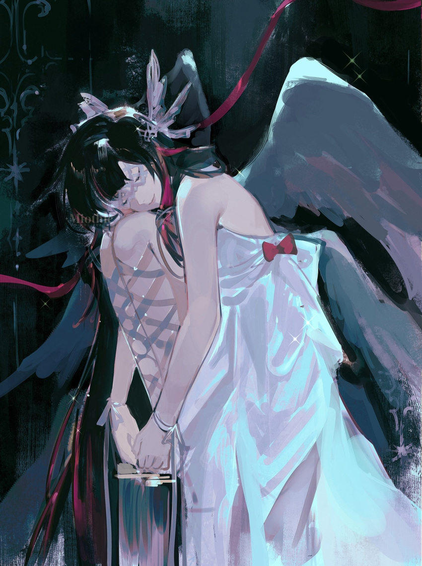 Safebooru - 1girl alternate costume black background black hair blunt bangs closed eyes closed ...