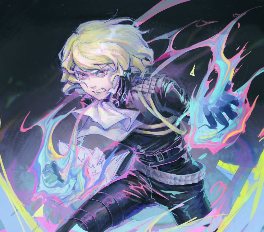 Safebooru - 1boy androgynous belt black jacket black pants clenched teeth green hair highres ...