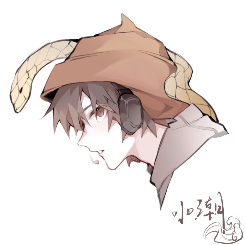 Safebooru - 1boy animal on head beanie bishounen black headphones brown hair character request ...