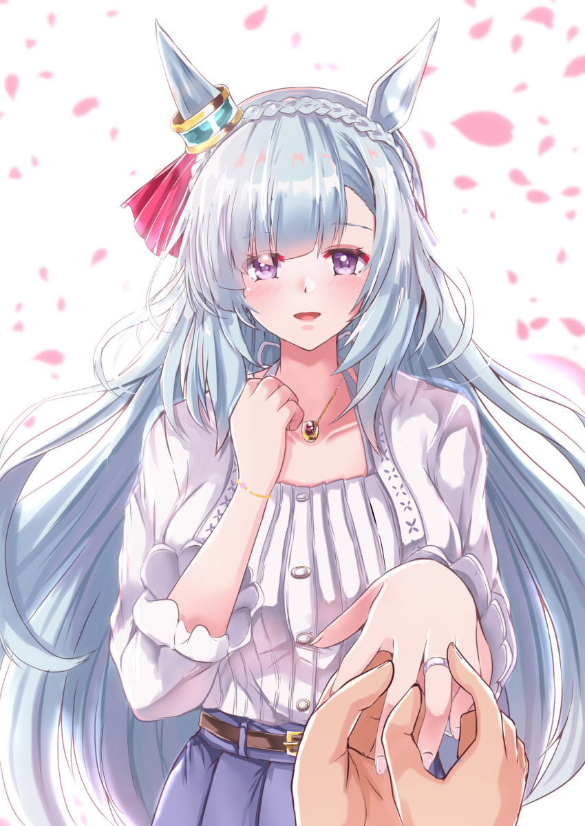 Safebooru - 1girl absurdres animal ears belt blue hair blush braid casual clenched hand ...