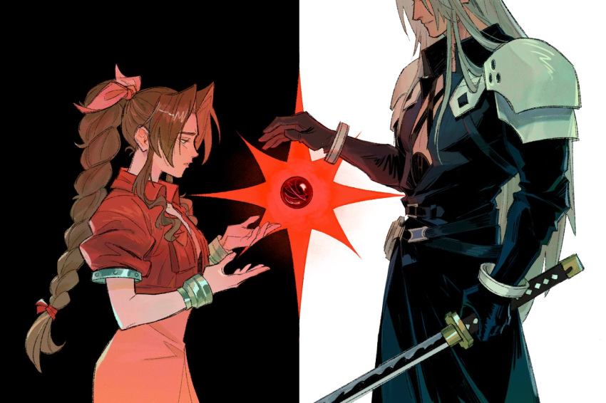 Safebooru - 1boy 1girl aerith gainsborough armor bangle black background black coat black gloves ...