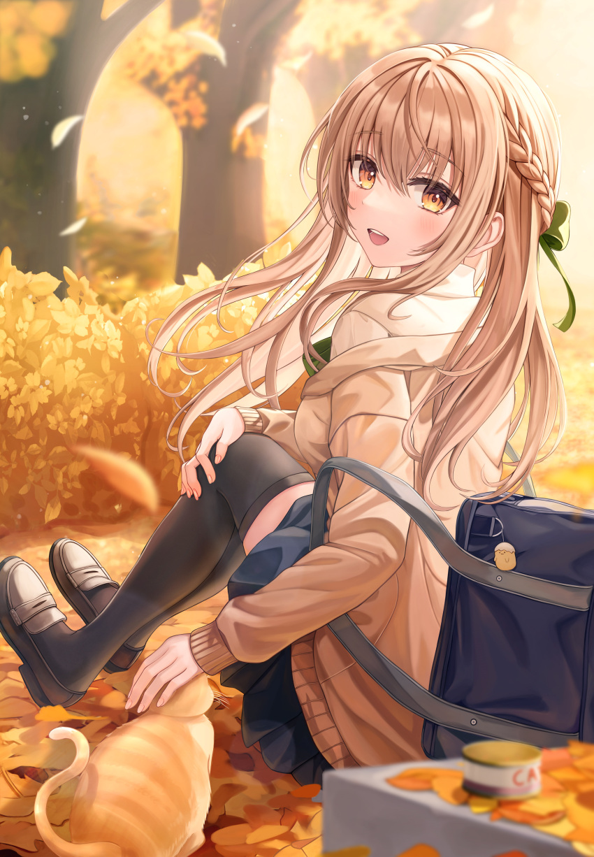 Safebooru - 1girl :d absurdres autumn autumn leaves bag black footwear black thighhighs blue ...