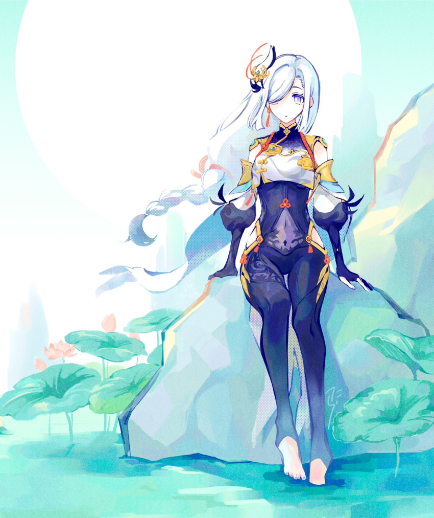 Safebooru - 1girl barefoot black bodysuit black bridal gauntlets ...