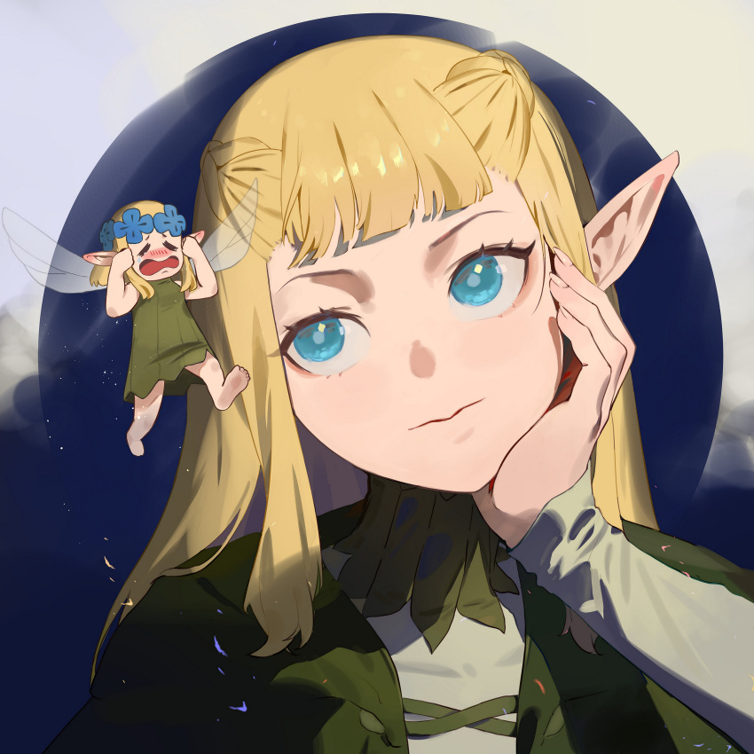 Safebooru - 1girl absurdres blonde hair blue eyes braid cloak crying dungeon meshi elf fairy ...