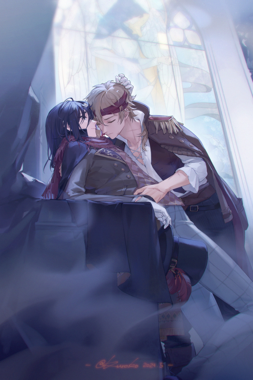 Safebooru - 2boys absurdres angel wings bandana belt black hair blonde hair blue cloak brown ...