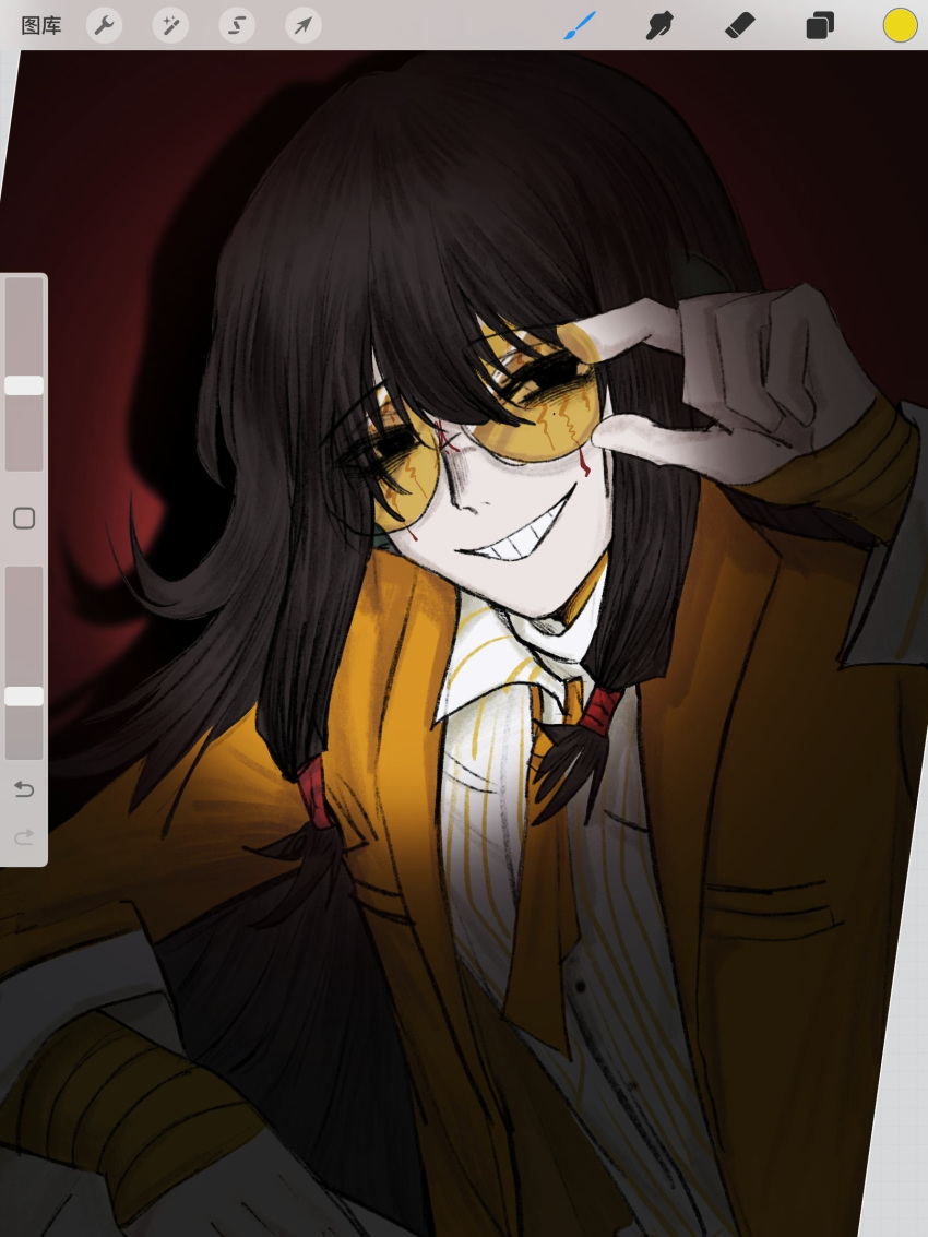 Safebooru - 1boy adjusting eyewear art program in frame black eyes ...