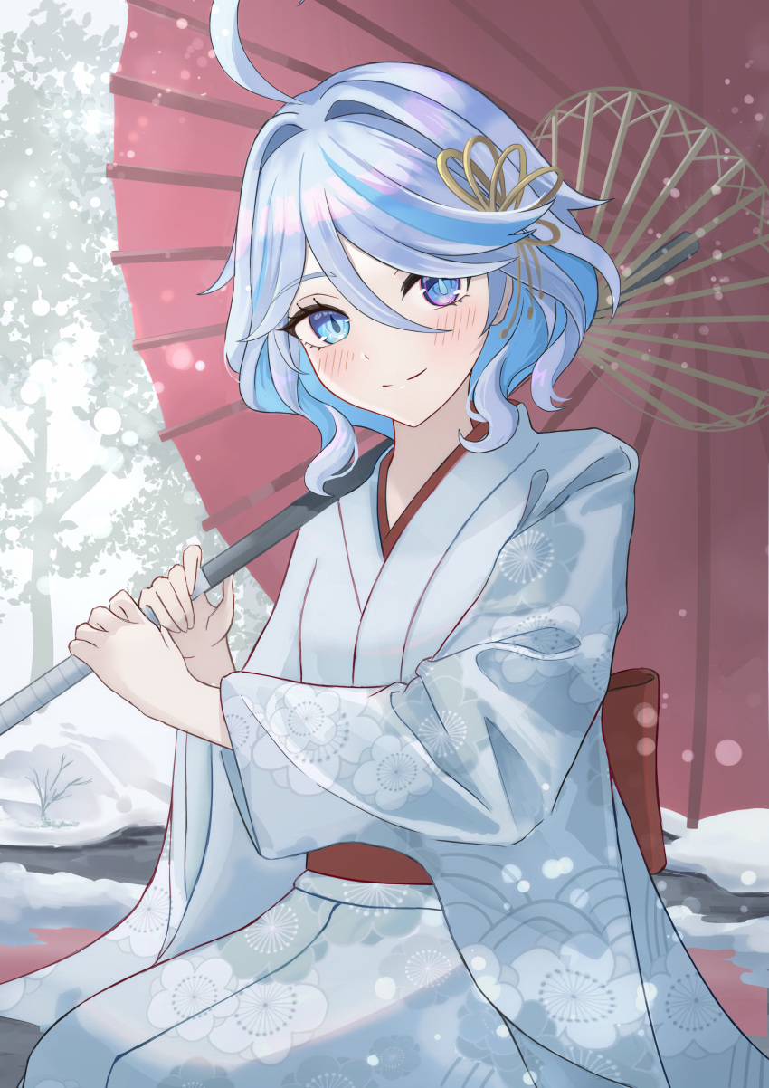 Safebooru - 1girl absurdres ahoge blue eyes blue hair blush commentary request cowboy shot day ...