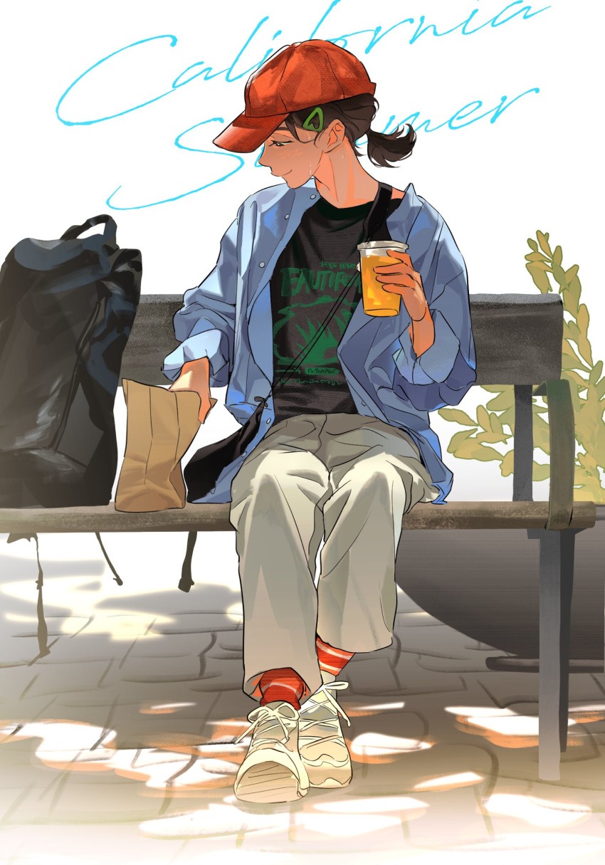 Safebooru - 1girl amphibia bag baseball cap bench black hair black ...