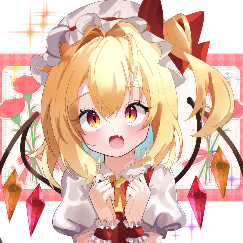 Safebooru - 1girl absurdres ascot blonde hair bow crystal wings fang flandre scarlet hat hat bow ...