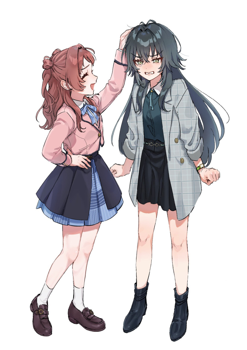 Safebooru - 2girls angry antenna hair black footwear black skirt blazer blue bow blue bowtie ...