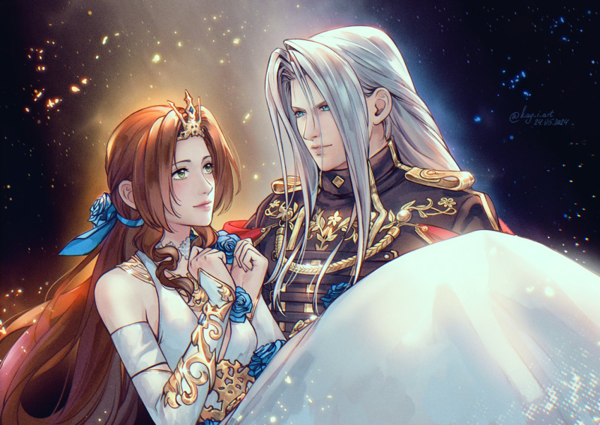 Safebooru - 1boy 1girl aerith gainsborough aerith gainsborough (prism dress) aqua eyes bare ...