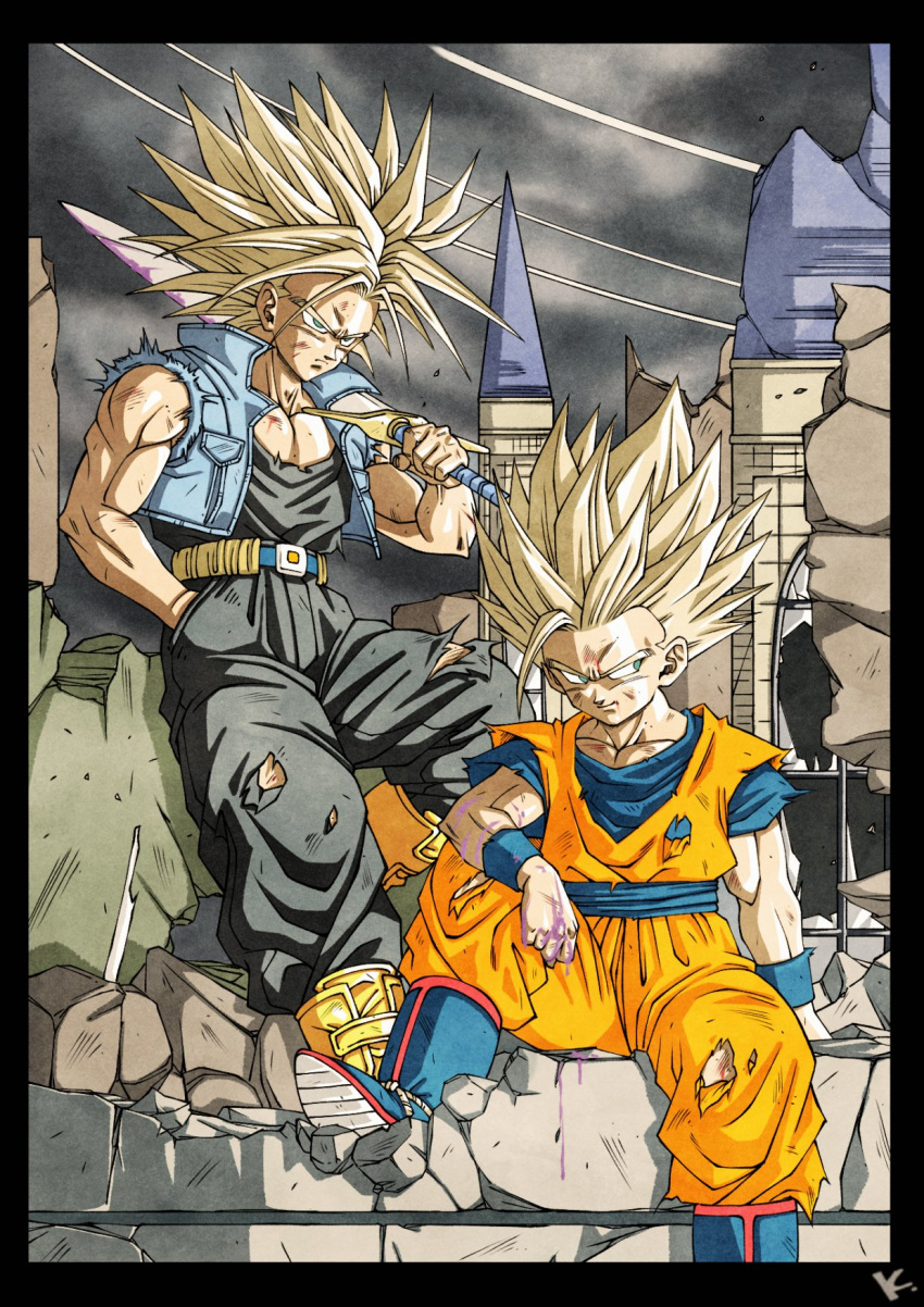 Safebooru - 2boys battle damage black pants black shirt blonde hair ...