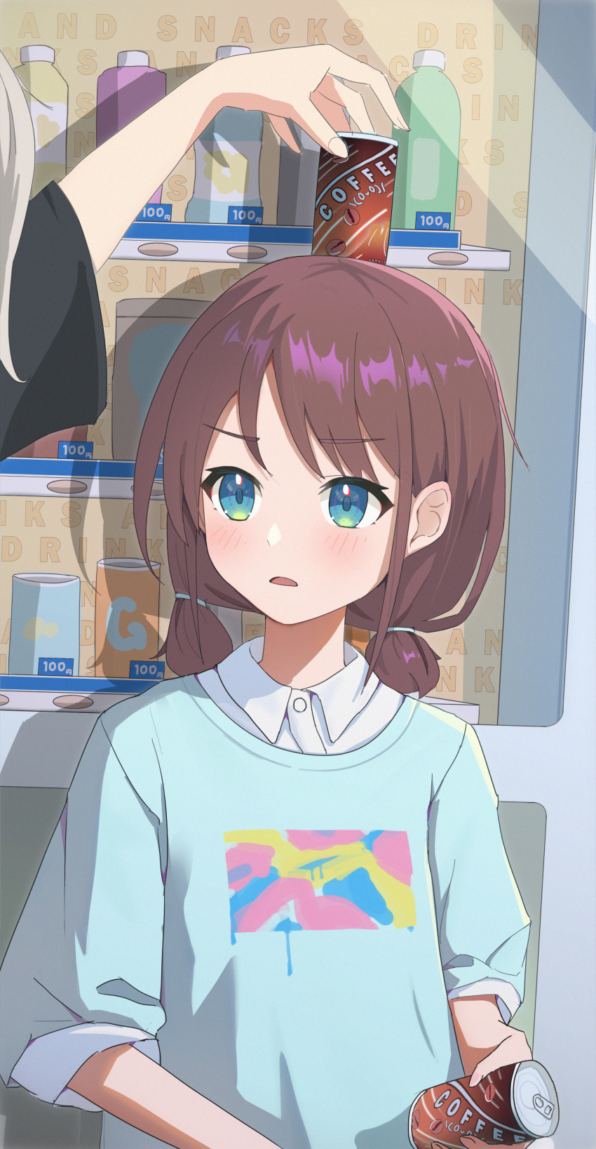 Safebooru - 2girls absurdres black shirt blue eyes blue shirt blush brown hair can canned coffee ...