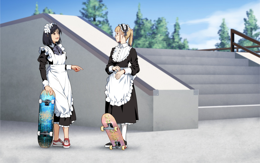 Safebooru - 2girls apron black hair blonde hair blue sky clouds glasses ...