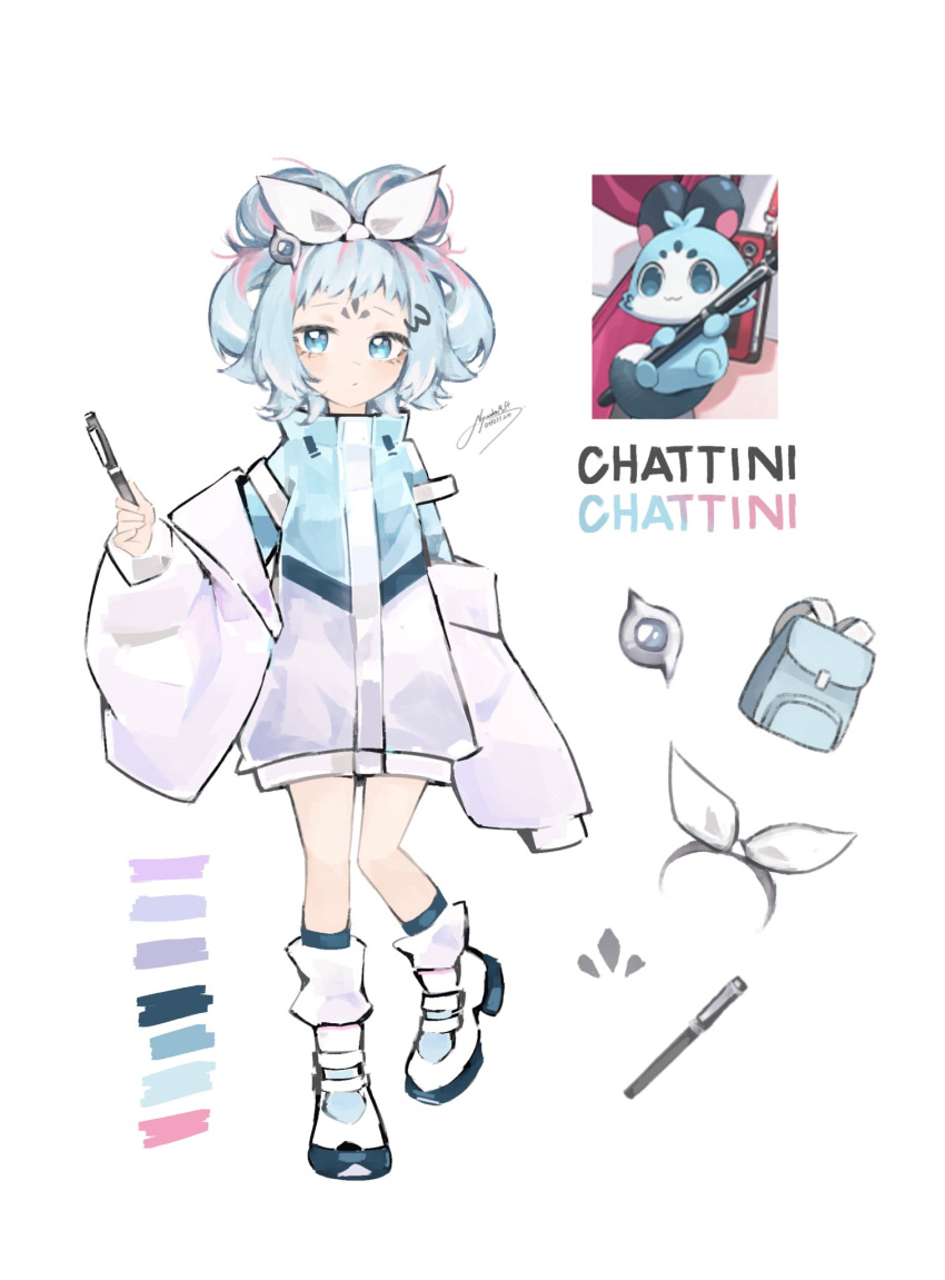 Safebooru - 1girl artist name backpack bag blue eyes blue hair blue ...