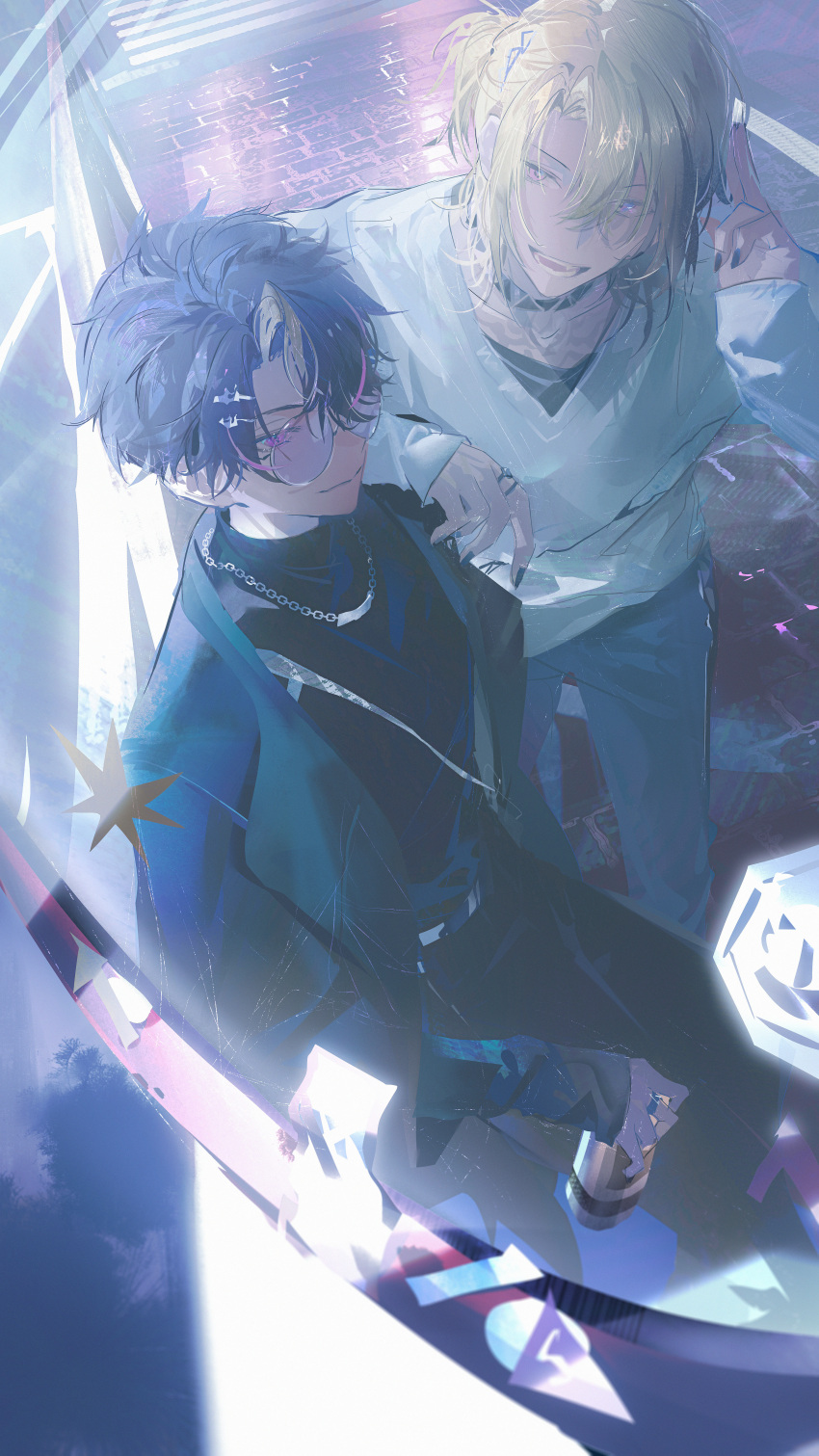 Safebooru - 2boys absurdres aoseagrass arm on another's shoulder belt belt buckle belt collar ...