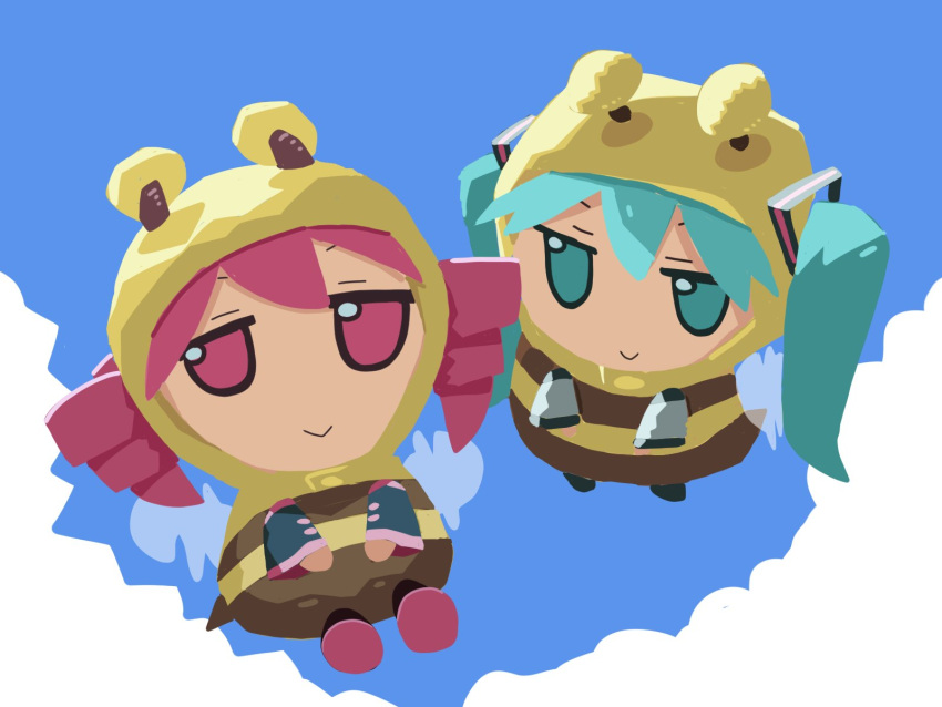 Safebooru - 2girls aqua eyes aqua hair bee costume closed mouth drill ...