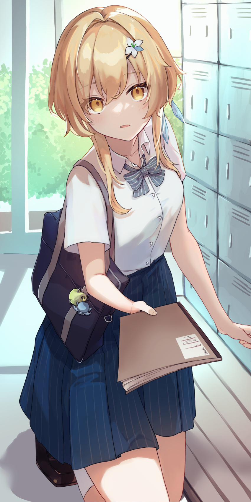 Safebooru - 1girl absurdres bag blonde hair blue skirt blush bow bowtie breasts flower genshin ...