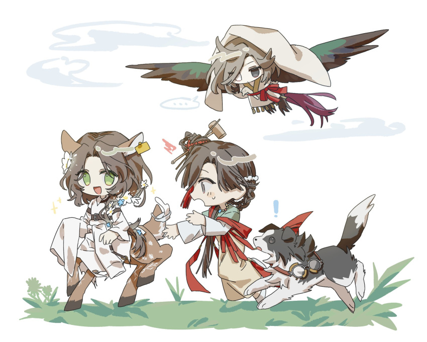 Safebooru - ! ... 1boy 2girls :d animal ears bird tail bird wings black hair border collie brown ...