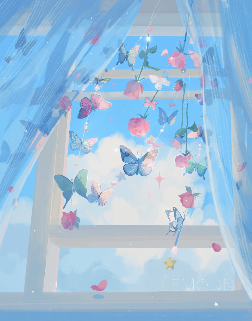 Safebooru - absurdres animal focus aqua butterfly artist name blue butterfly blue sky bud bug ...