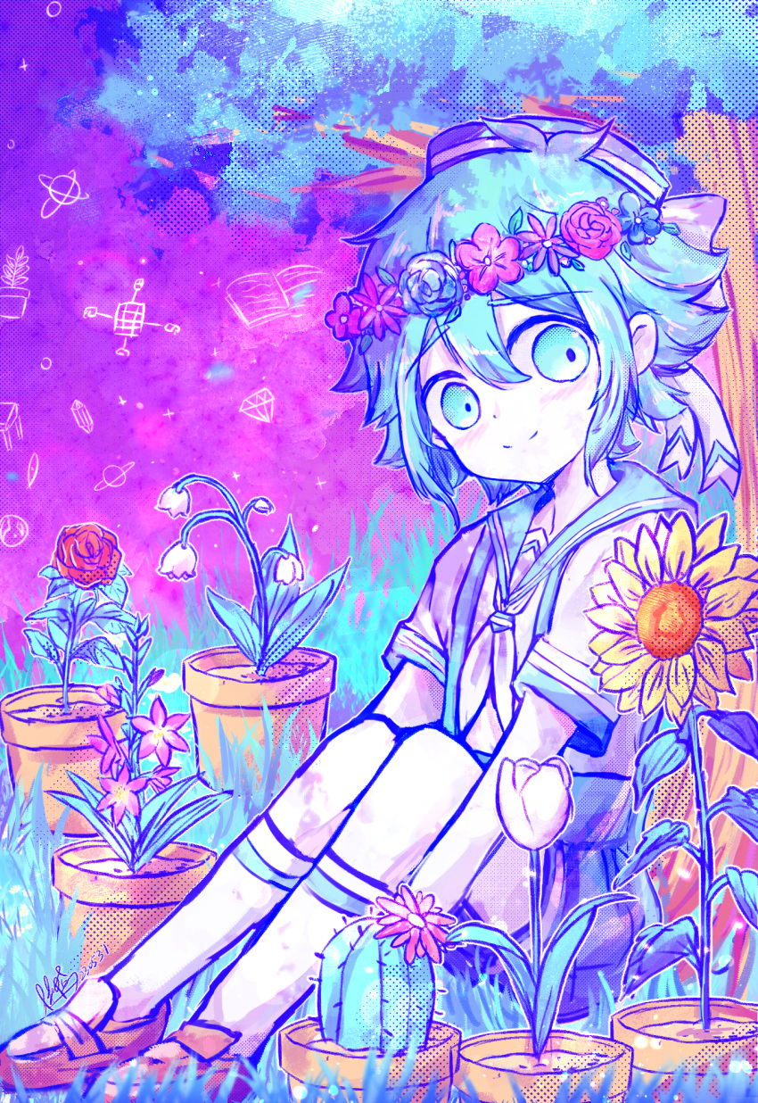 Safebooru - 1boy basil (omori) blue overalls cactus colored skin flower ...