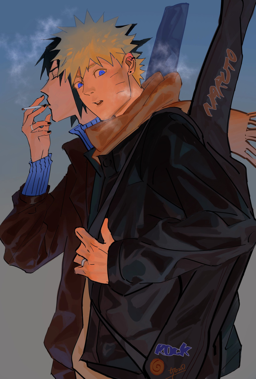 Safebooru 2boys Black Hair Black Jacket Blonde Hair Blue Eyes Brown 3651