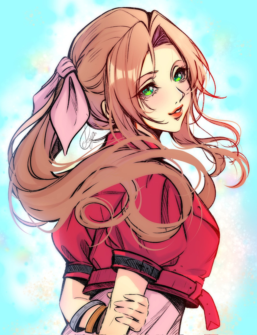 Safebooru - 1girl aerith gainsborough arms behind back atelier saya bangle blue background ...