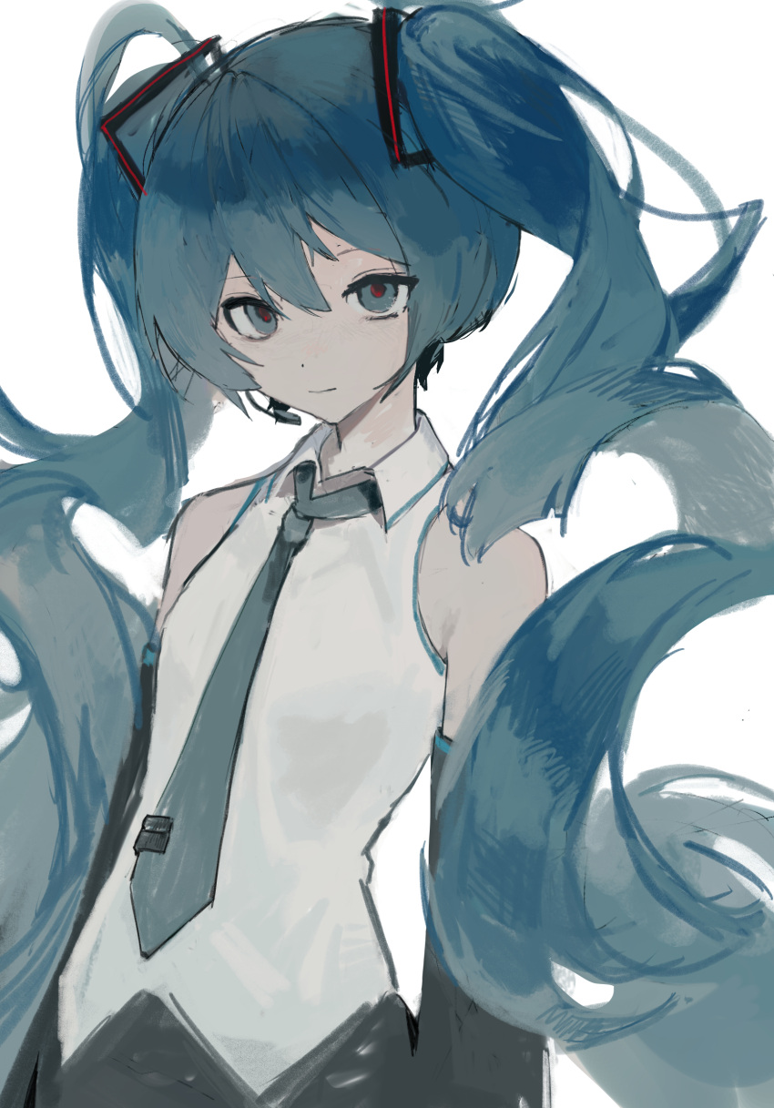 Safebooru - 1girl aqua eyes aqua hair aqua necktie aqua trim arms at sides bare shoulders black ...