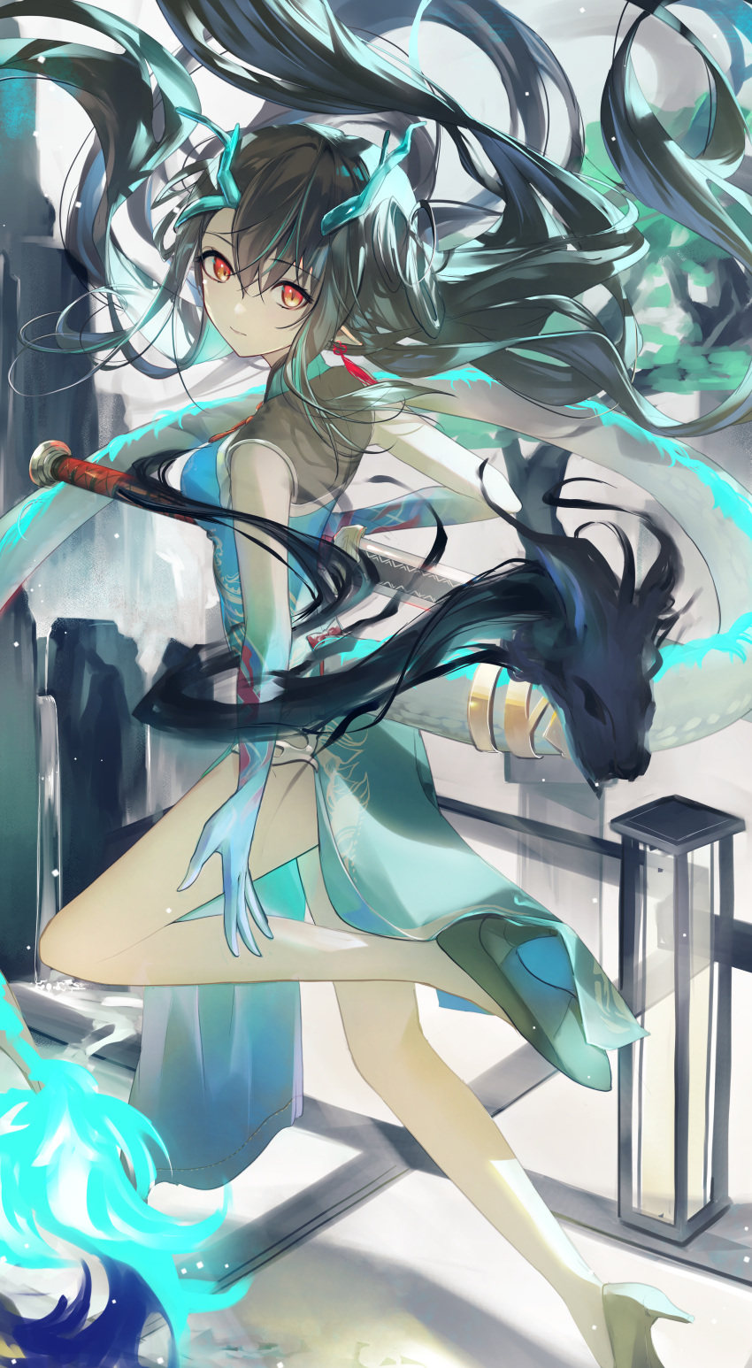 Safebooru - absurdres aqua dress arknights black hair china dress chinese clothes dragon girl ...