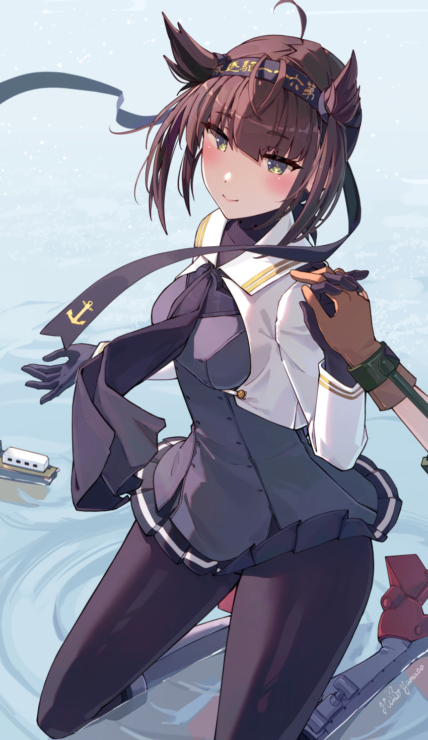 Safebooru - 1girl 1other absurdres ahoge artist name black bodysuit black headband black skirt ...