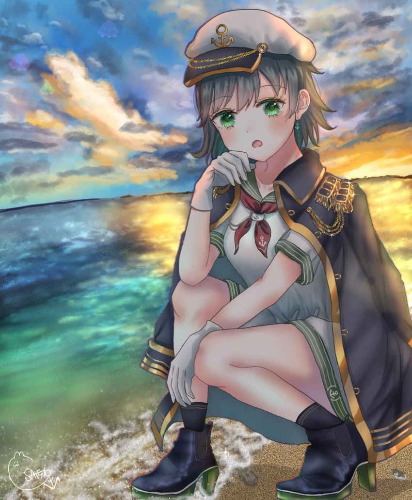 Safebooru 1girl Beach Black Hair Blue Sky Clouds Cloudy Sky Green 6921