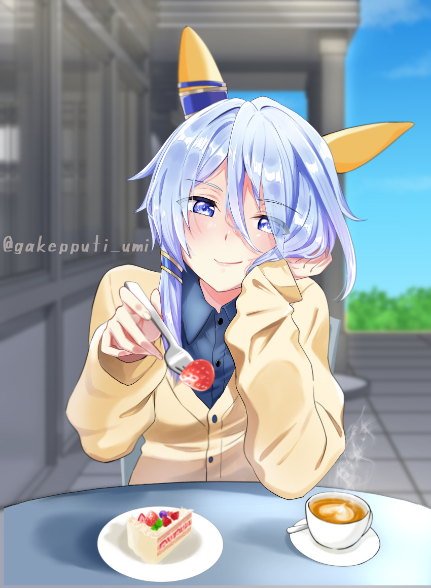 Safebooru - absurdres alternate costume blue eyes blue hair blurry blurry background blush cake ...