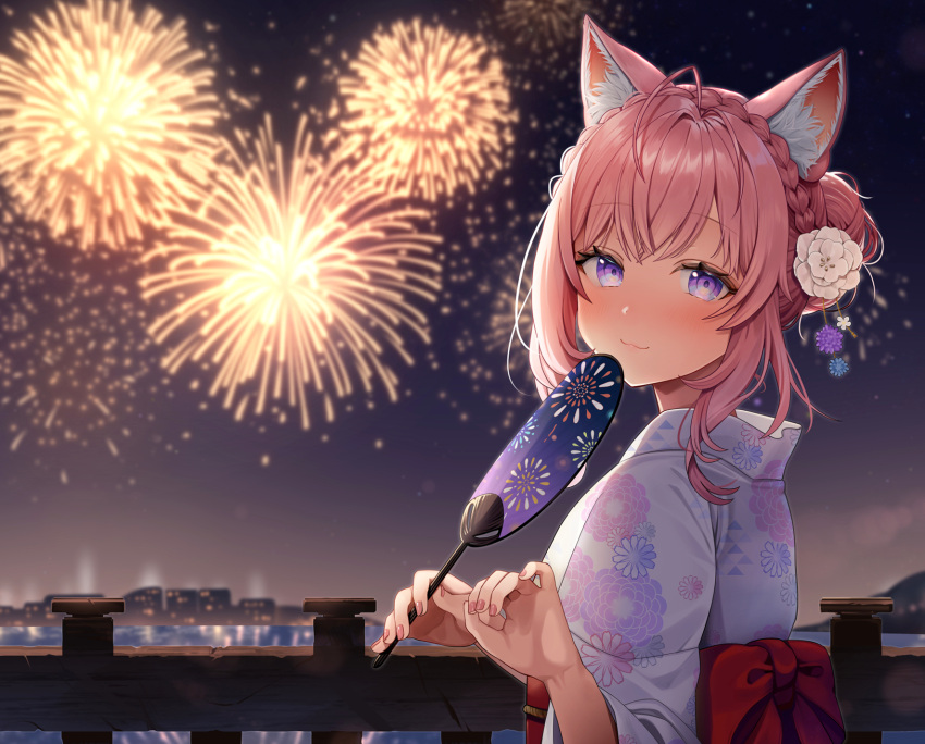 Safebooru - 1girl :3 aerial fireworks animal ear fluff animal ears antenna hair blush braid ...