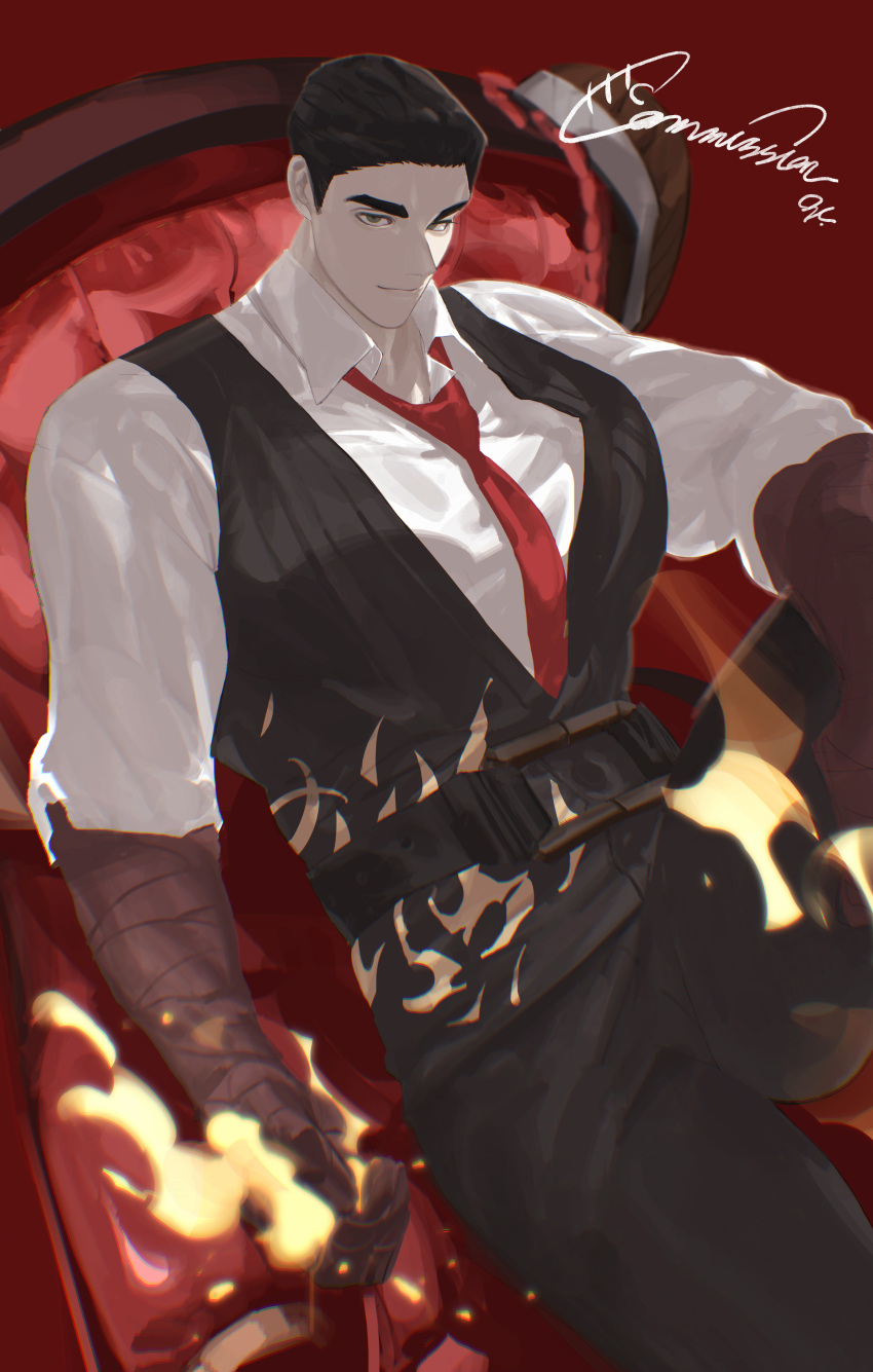 Safebooru - 1boy absurdres armchair black hair black pants black vest brown gloves chair closed ...