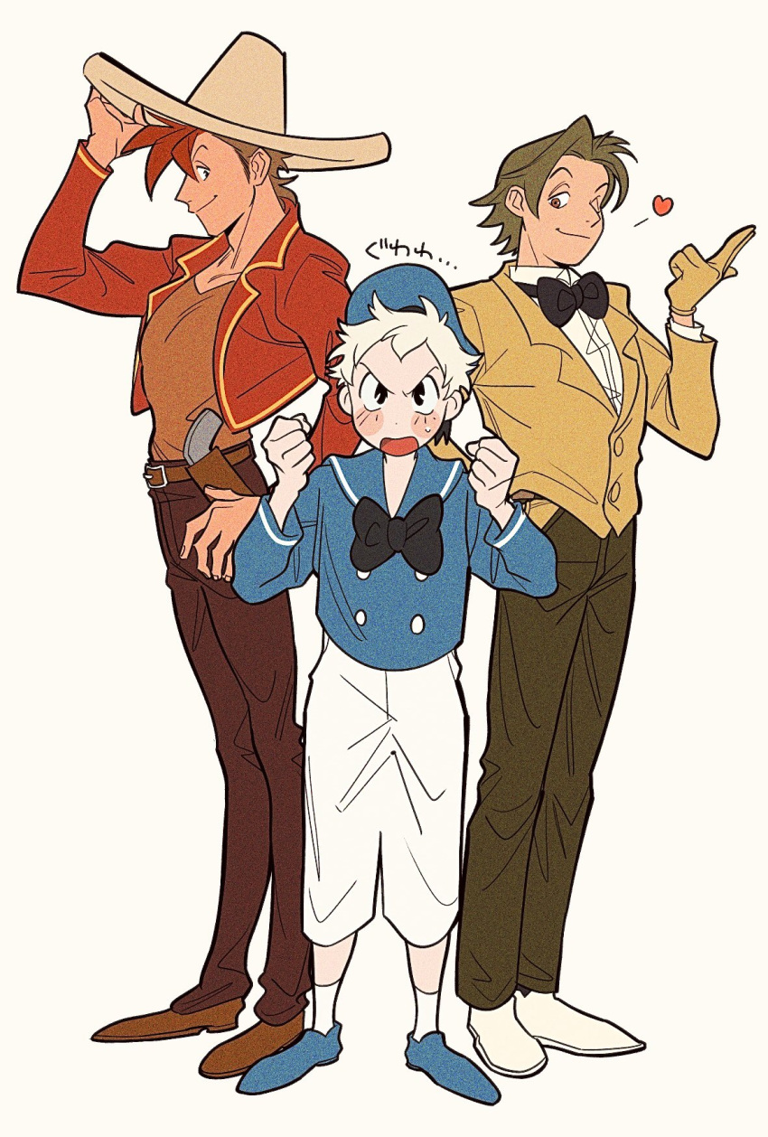 Safebooru - 3boys adjusting clothes adjusting headwear angry black bow ...