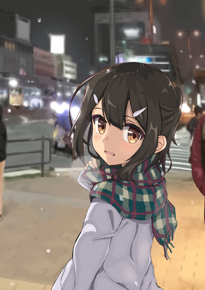 Safebooru - 1girl absurdres black hair blunt bangs blurry blurry background blush breath brown ...