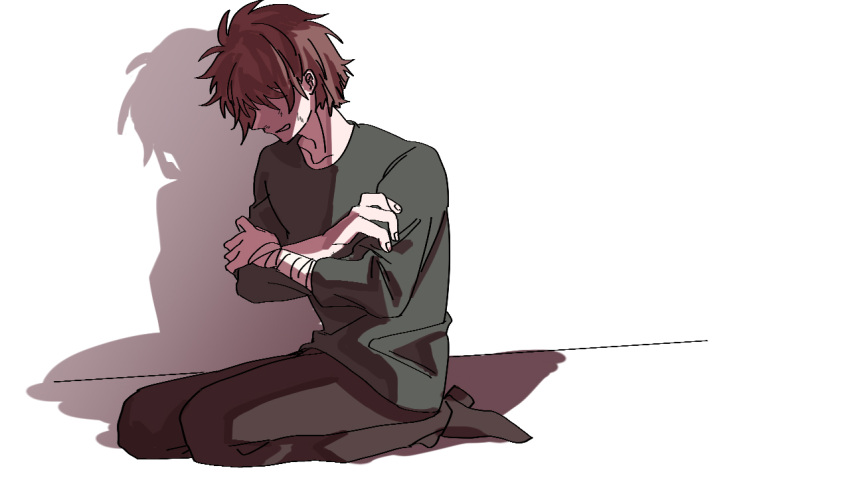 Safebooru - 1boy bandaged arm bandages black background black footwear black pants brown hair ...