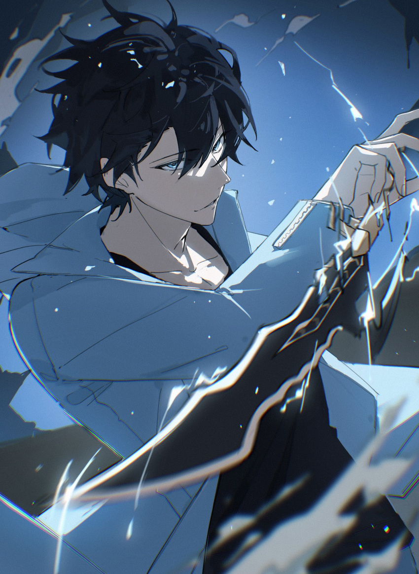 Safebooru - 1boy black hair black shirt blue eyes blue hoodie dagger highres hood hoodie knife ...