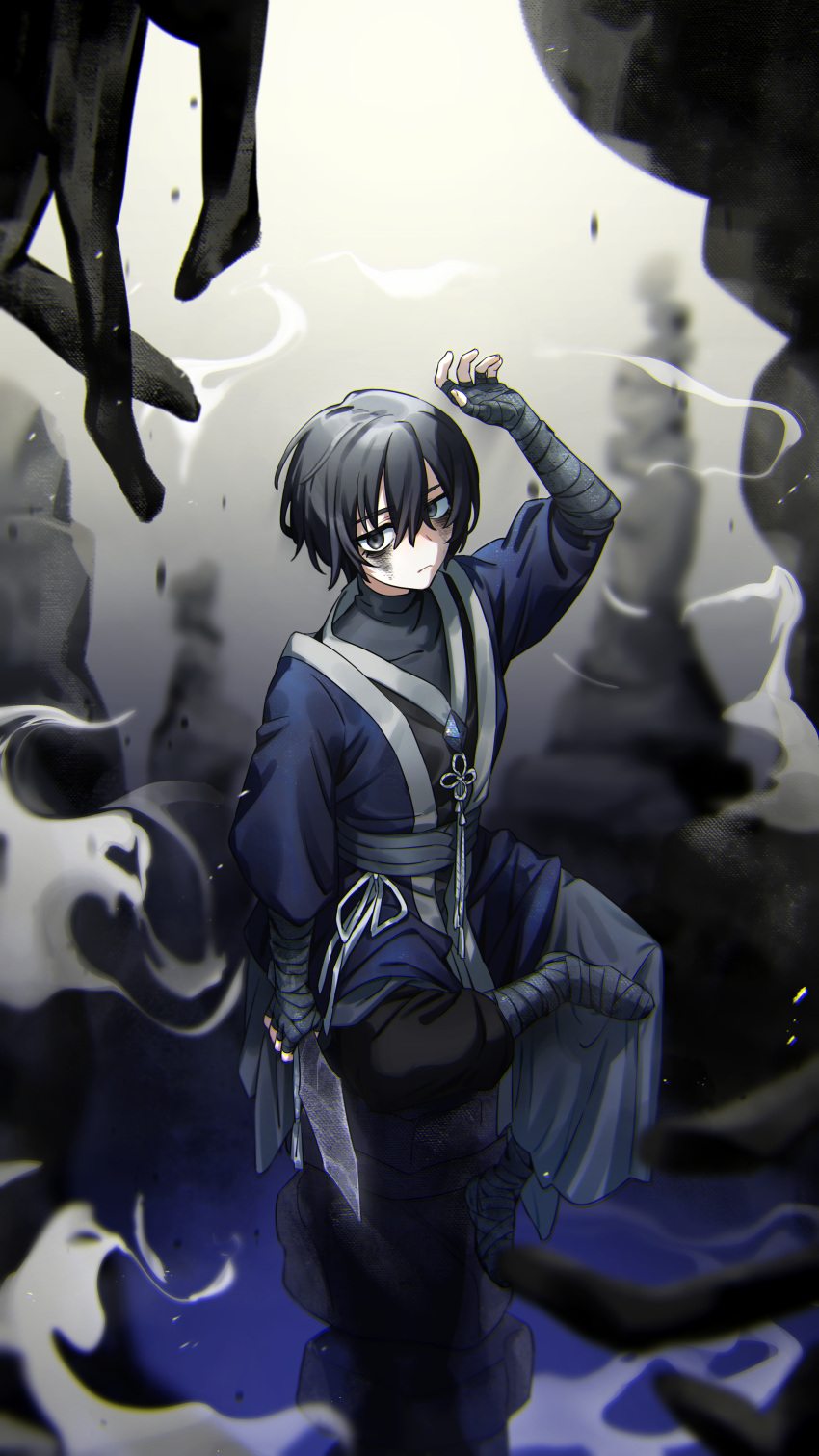 Safebooru - 1boy absurdres akantai arm up arm wrap black bandages black ...