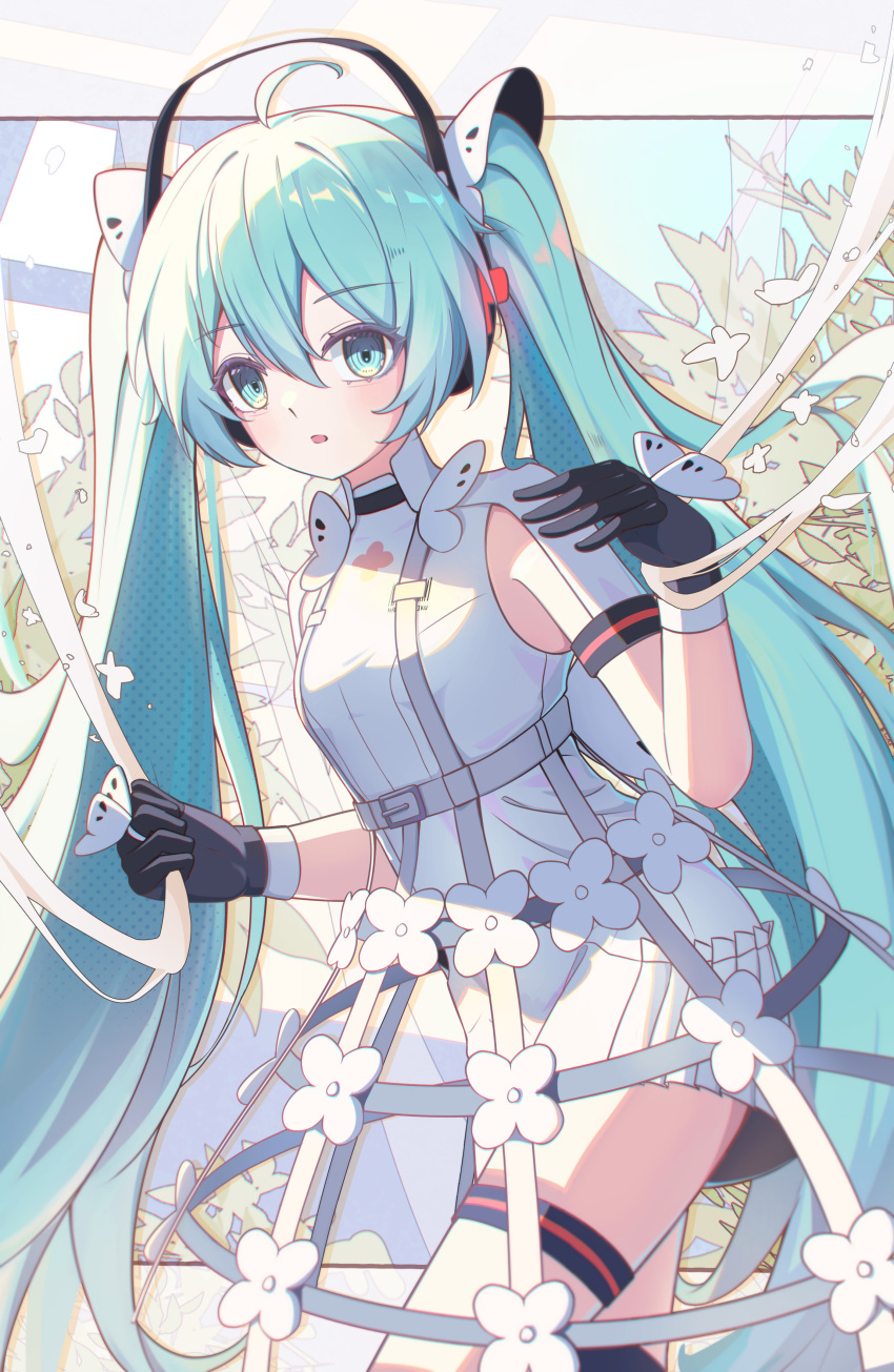 Safebooru - 1girl absurdres ahoge aqua eyes aqua hair black gloves bug bush butterfly crinoline ...