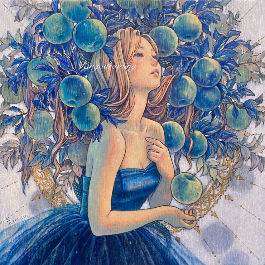 Safebooru - 1girl apple bare shoulders blonde hair blue dress blue eyes breasts commentary ...