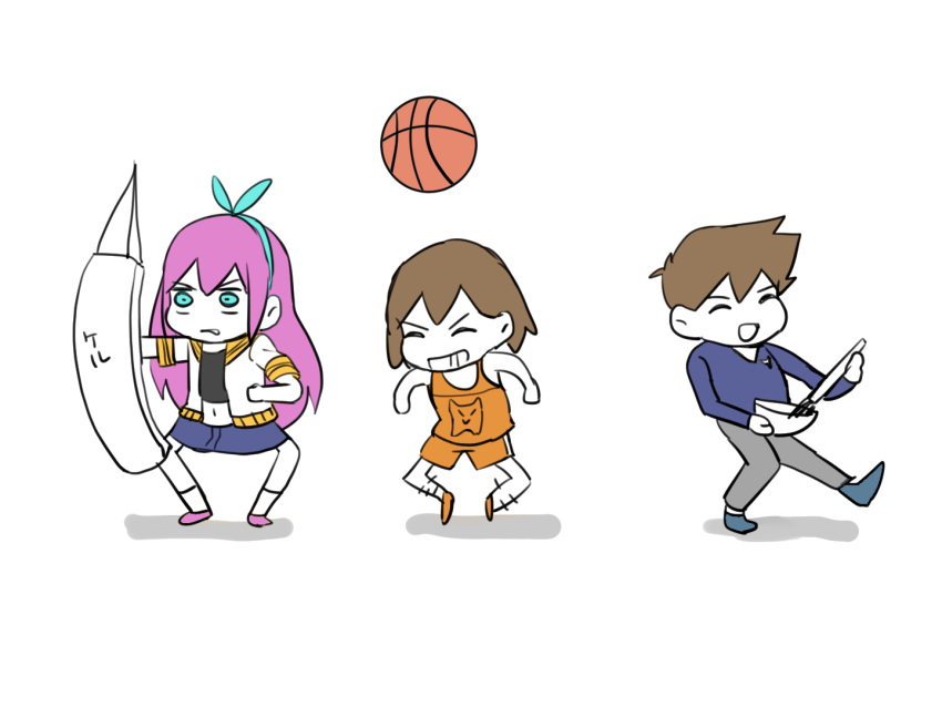 Safebooru - 1girl 2boys aubrey (faraway) (omori) aubrey (omori) ball basketball (object) chibi ...