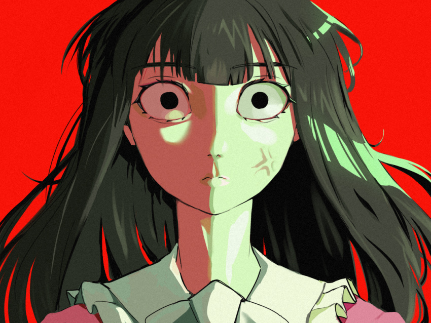 Safebooru - 1girl anger vein black eyes black hair blunt bangs closed mouth collared shirt ...