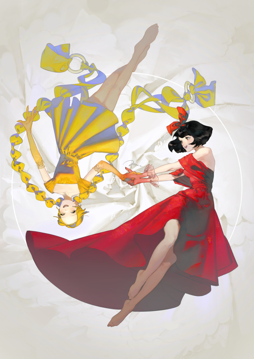 Safebooru - 2girls bare legs barefoot black hair bow braid brown eyes collarbone dress elbow ...