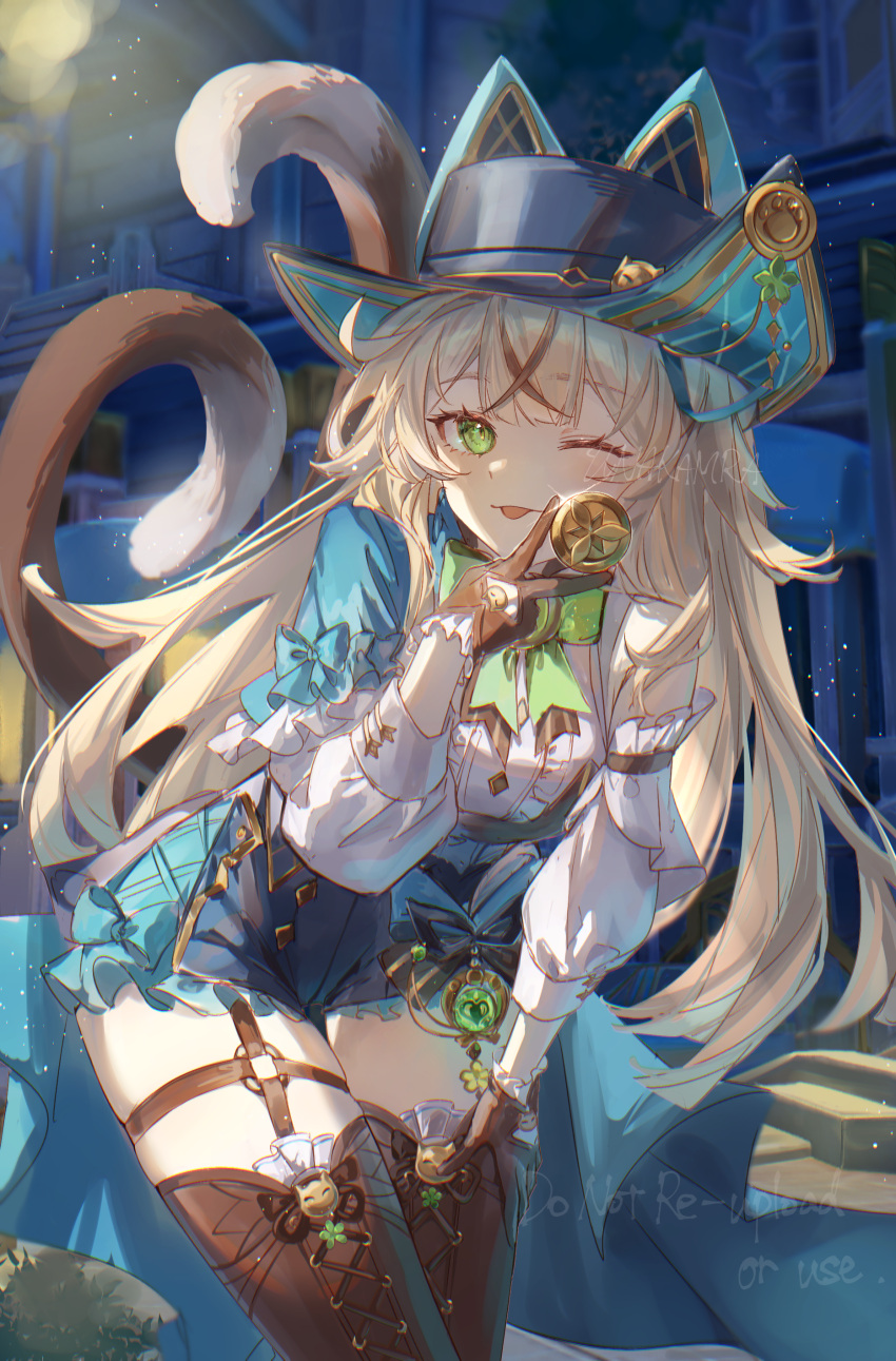 Safebooru - 1girl :d absurdres arm up black hat brown gloves brown hair cat tail detached ...