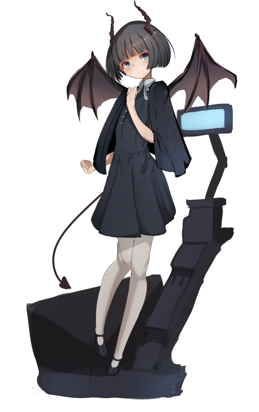 Safebooru - 1girl black capelet black dress black hair blue eyes capelet demon girl demon horns ...