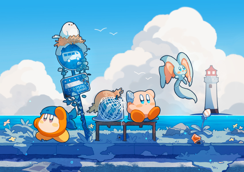 Safebooru - :o absurdres arm up bandana waddle dee bench bird blue eyes ...