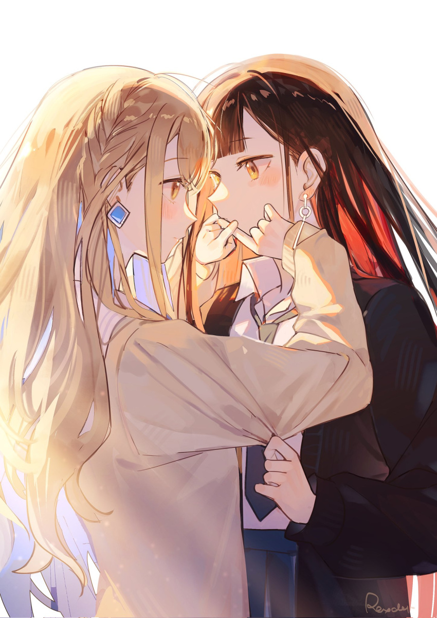 Safebooru - 2girls azusawa kohane black coat black necktie black skirt blonde hair blue gemstone ...