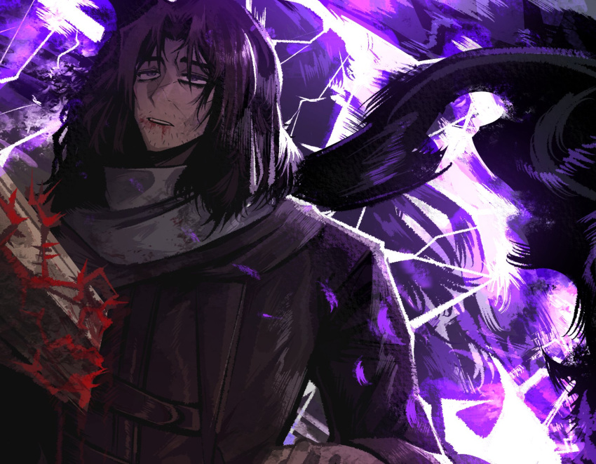 Safebooru - 1boy barbed wire beard stubble blood blood from mouth brown ...